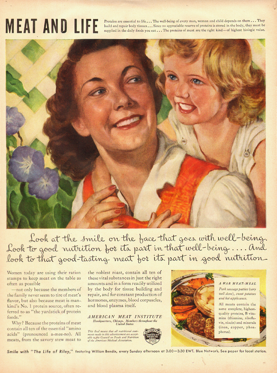 1944 WW2 era AD, MEAT and LIFE American Meat Institute a war meat meal ...