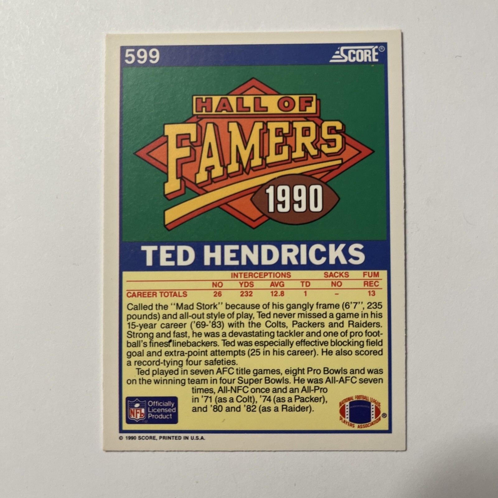 1990 Score Ted Hendricks Hall of Famer Football Card #599 Oakland ...