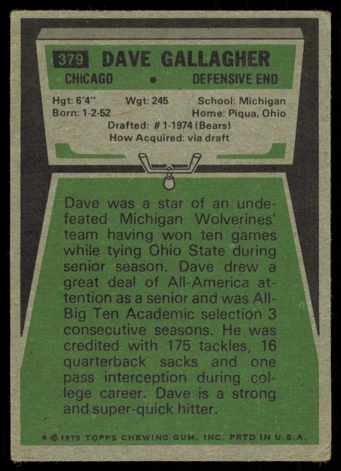 1975 Topps #379 Dave Gallagher Chicago Bears | eBay