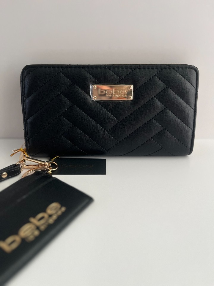 Bebe Women's Black Quilted Wristlet Clutch Wallet With Card Case ...