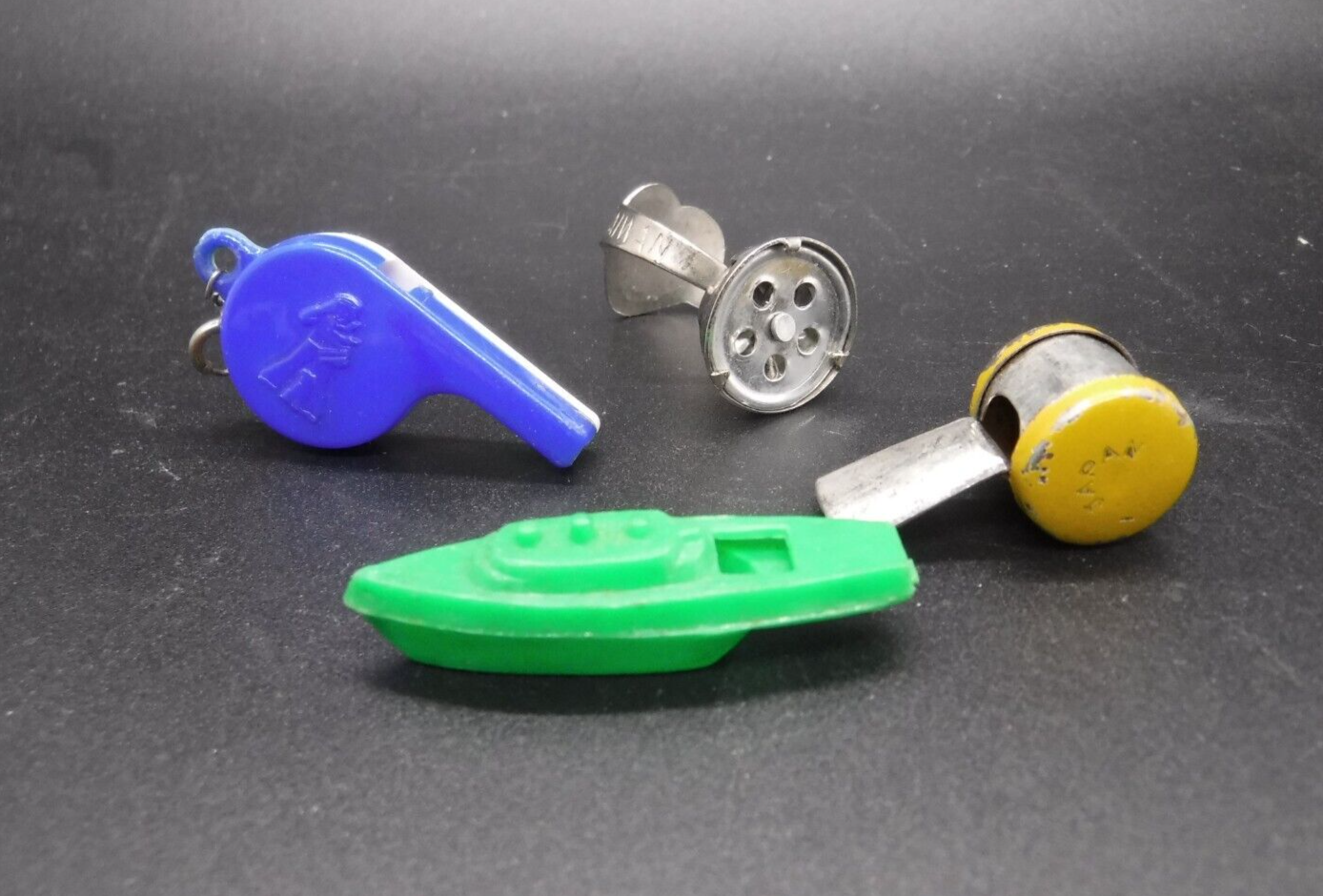 Lot of 4 Vintage Whistles Green Plastic Boat Cracker Jack Tin Litho ...