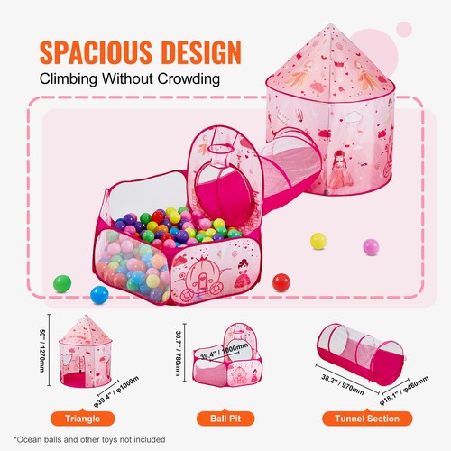 VEVOR Princess Girls Pop up Castle Kids Play Tent & Tunnel Set with ...