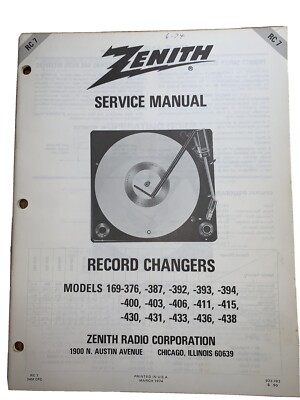 Zenith Service Manual RC 7 Record Changers 169-376, 387, 392, 393, 394 ...