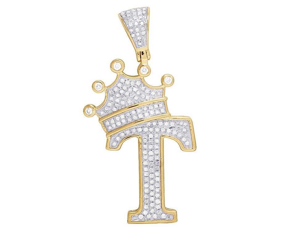 10K Yellow Gold Genuine Diamond Crown Letter Initial "T" Pendant 1/2 CT ...