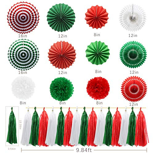 Red Green White Hanging Paper Fans Pom Poms Flowers Tissue Tassel ...