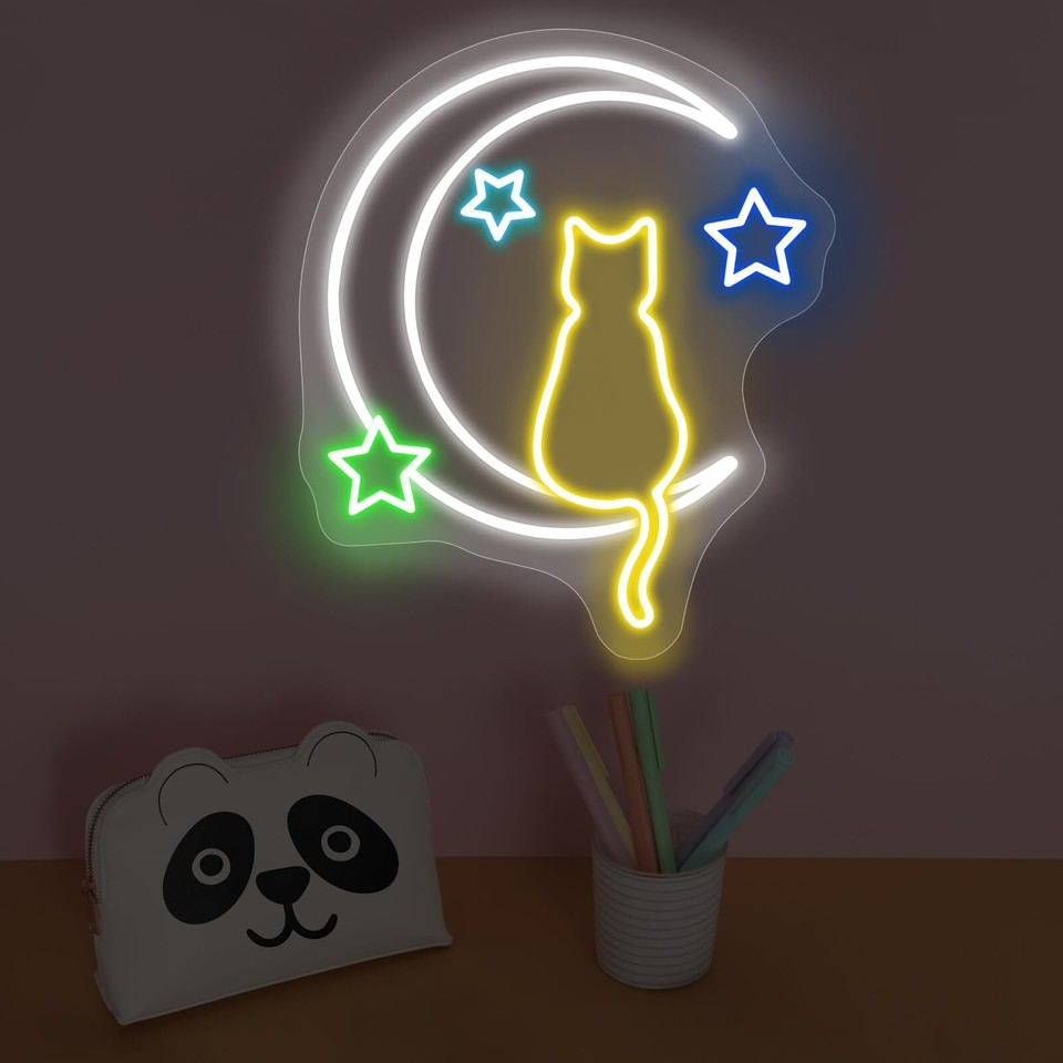 Moon Cat Neon Signs for Wall Decor LED Light Sign for Preppy Room Decor ...