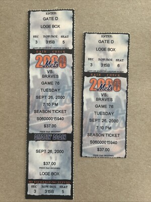 September 26 2000 New York Mets vs Braves Ticket Stubs Seats 5 & 6 Club ...