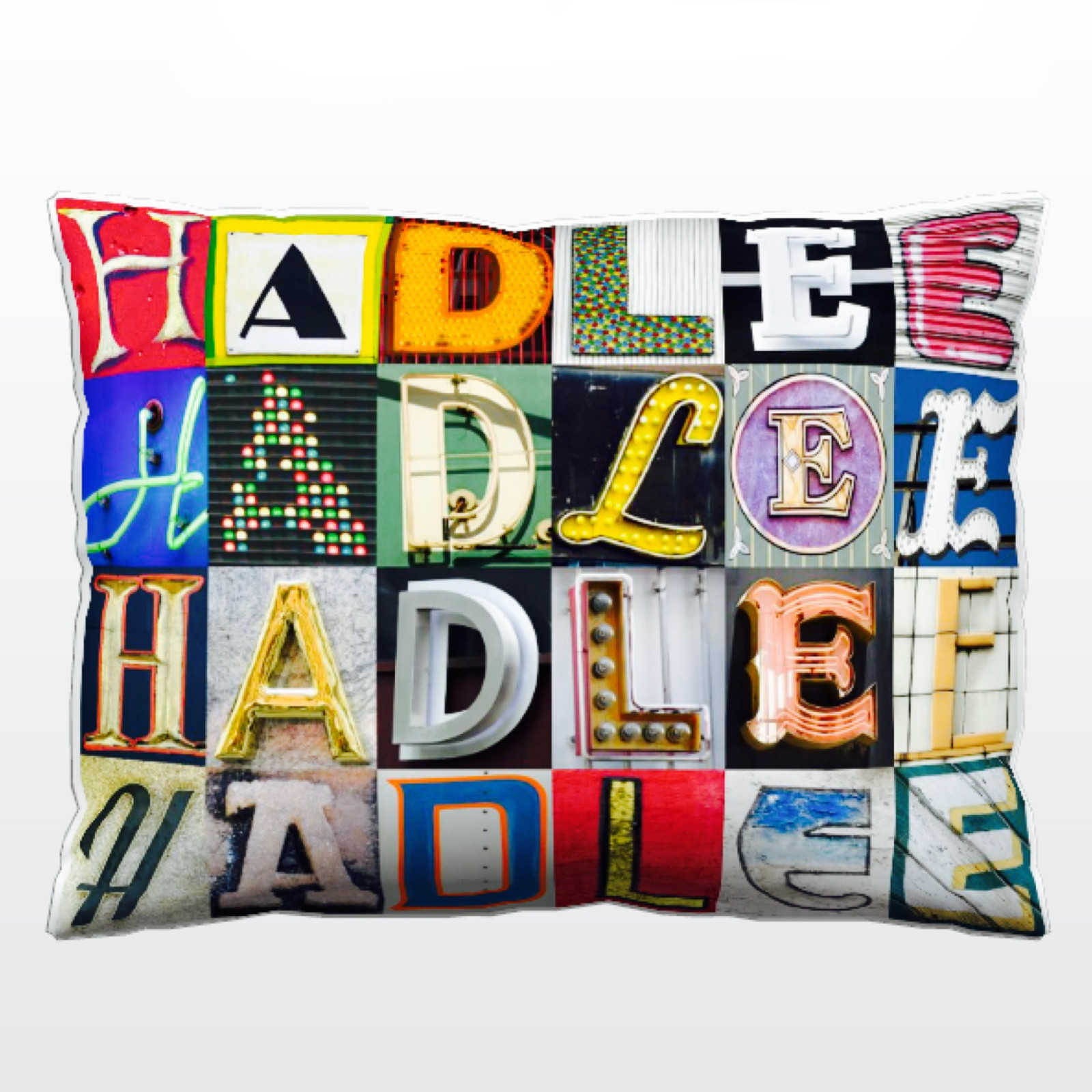 Personalized Pillow featuring the name HADLEE in photos of sign letters ...