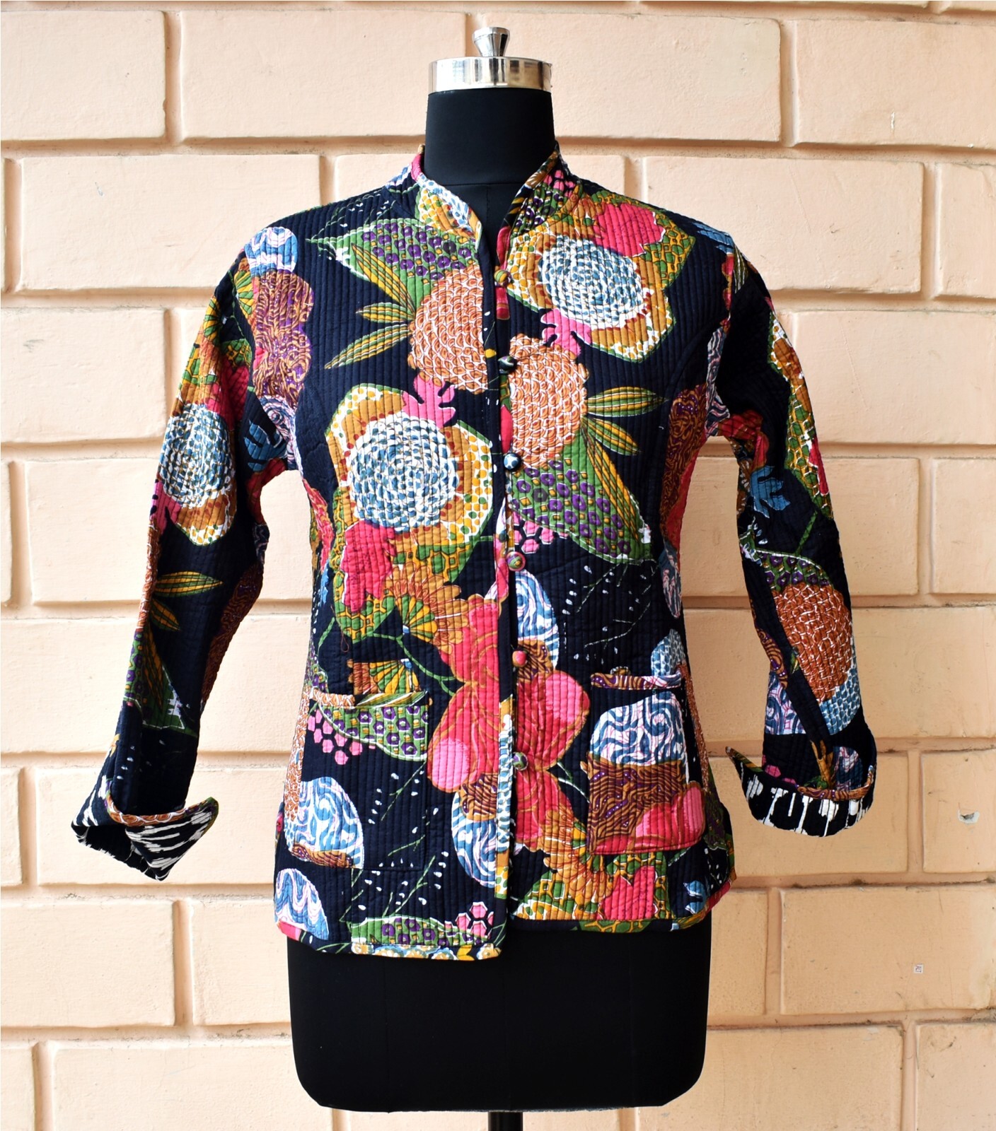 Cotton Black Fruit Print Women Winter Jacket Floral Reversible Blazer ...