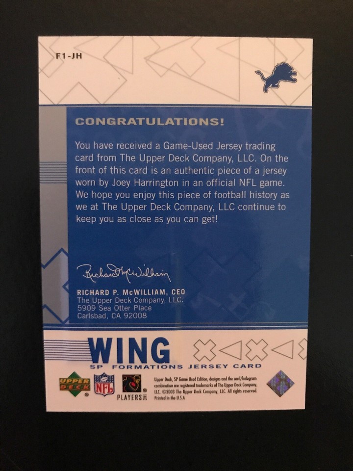 2003 Upper Deck QB Joey Harrington GAME USED JERSEY CARD #F1-JH Detroit ...