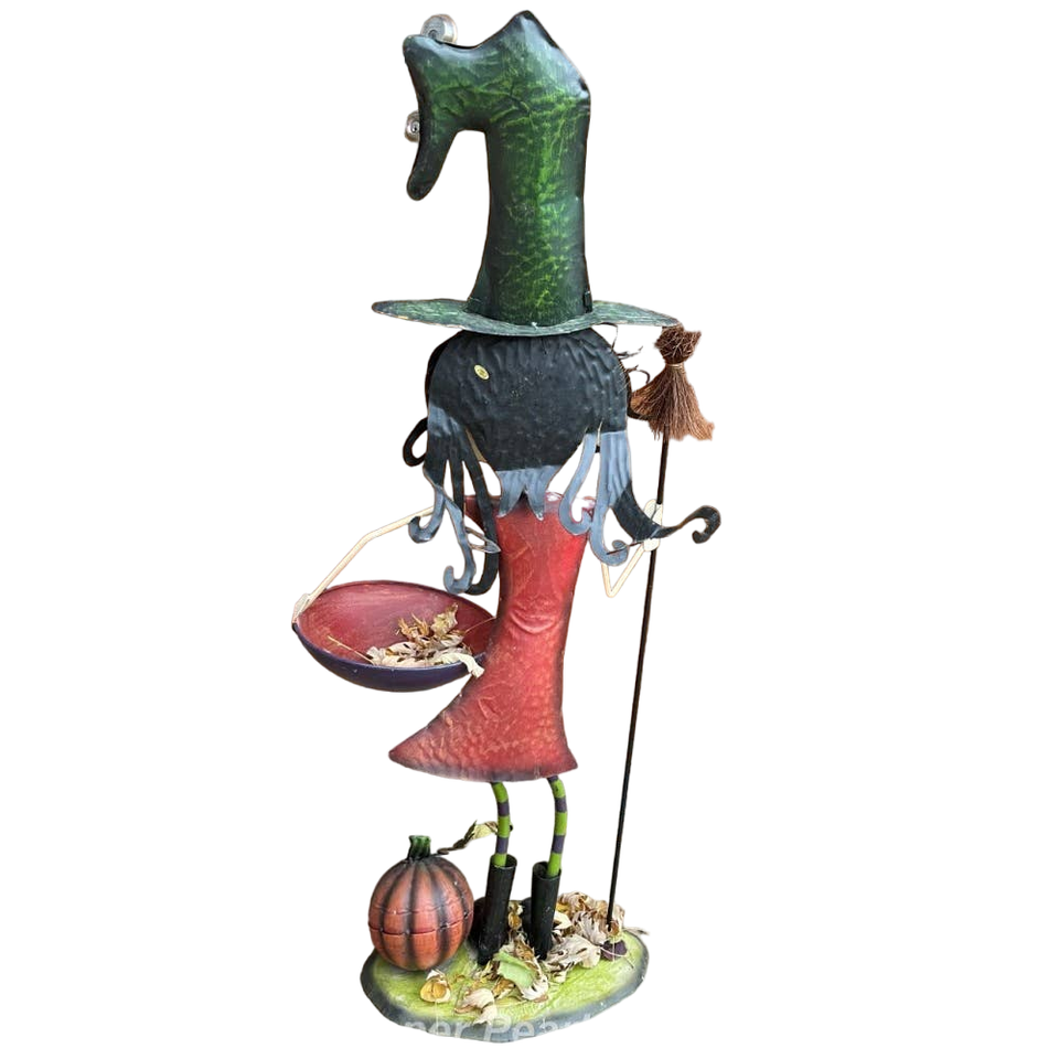 Standing Iron Witch Girl with Broom and Tray Outdoor Halloween Jack-O ...