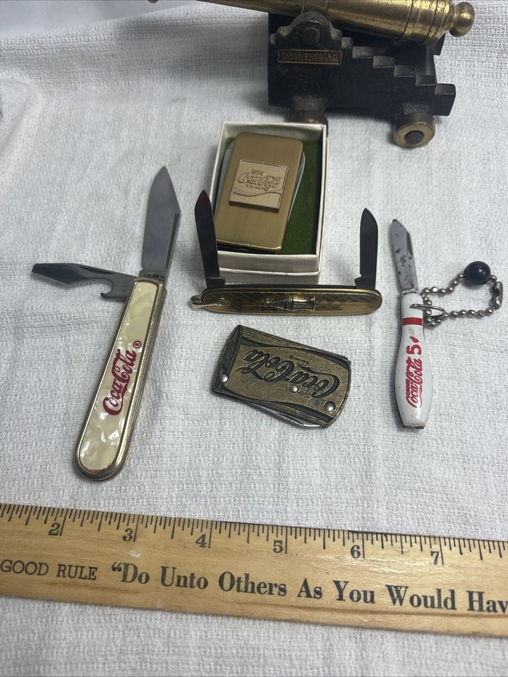 COCA COLA KNIFE LOT GREEN BOTTLE CAN COLONIAL USA MONEY CLIP BOWLING ...