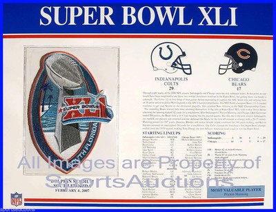 SUPER BOWL 41 Colts / Bears 2007 Willabee & Ward OFFICIAL SB XLI NFL ...