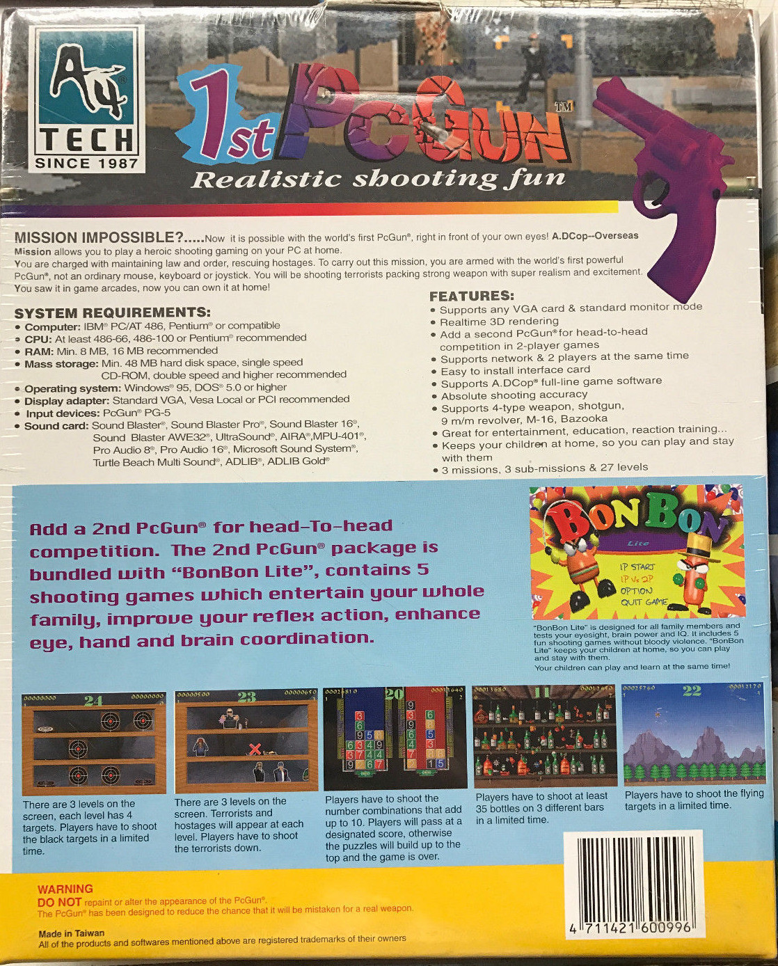 Vintage PC Game PCGun w/BOTH 1st+2nd Gun PG5 A4 Tech DOS Windows 95 New ...