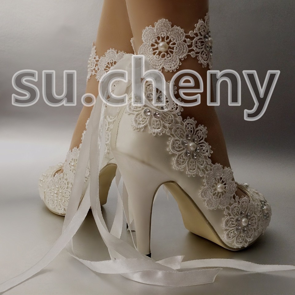 su.cheny 3”4”Snowflake satin white ivory lace open toe heel Wedding ...