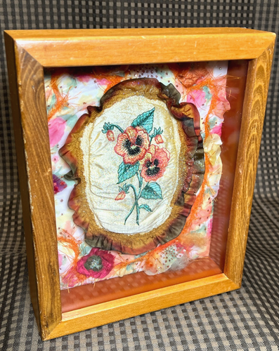Vintage Framed Shadow Box Collage Tapestry Sewn Embroidered Flowers ...