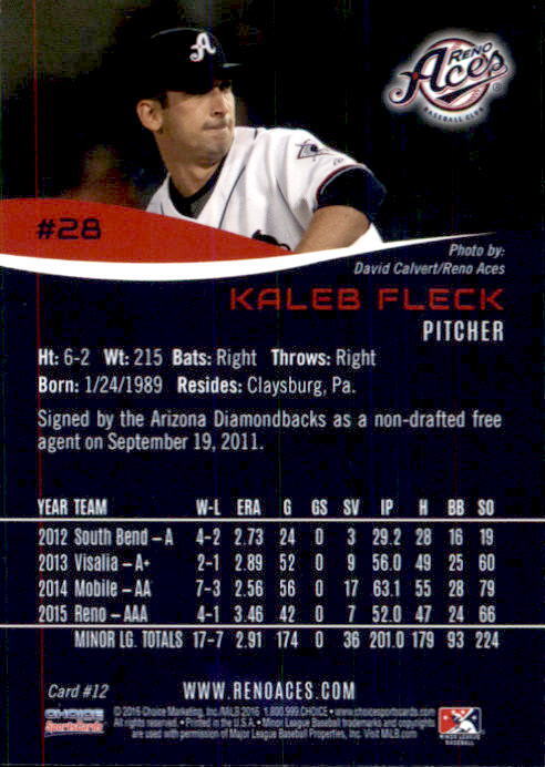 2016 Reno Aces Choice #12 Kaleb Fleck Claysburg Pennsylvania PA ...
