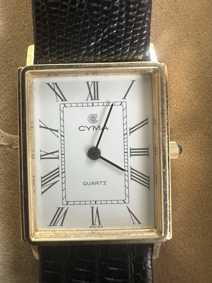 mens Cyma 14K Solid Gold rectangular tank roman numeral white face watch lot | eBay
