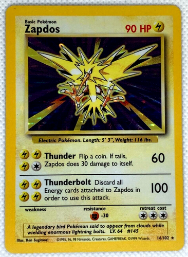 Pokémon TCG Zapdos Base Set 16/102 Holo Unlimited Rare 1999 Wizards MP ...