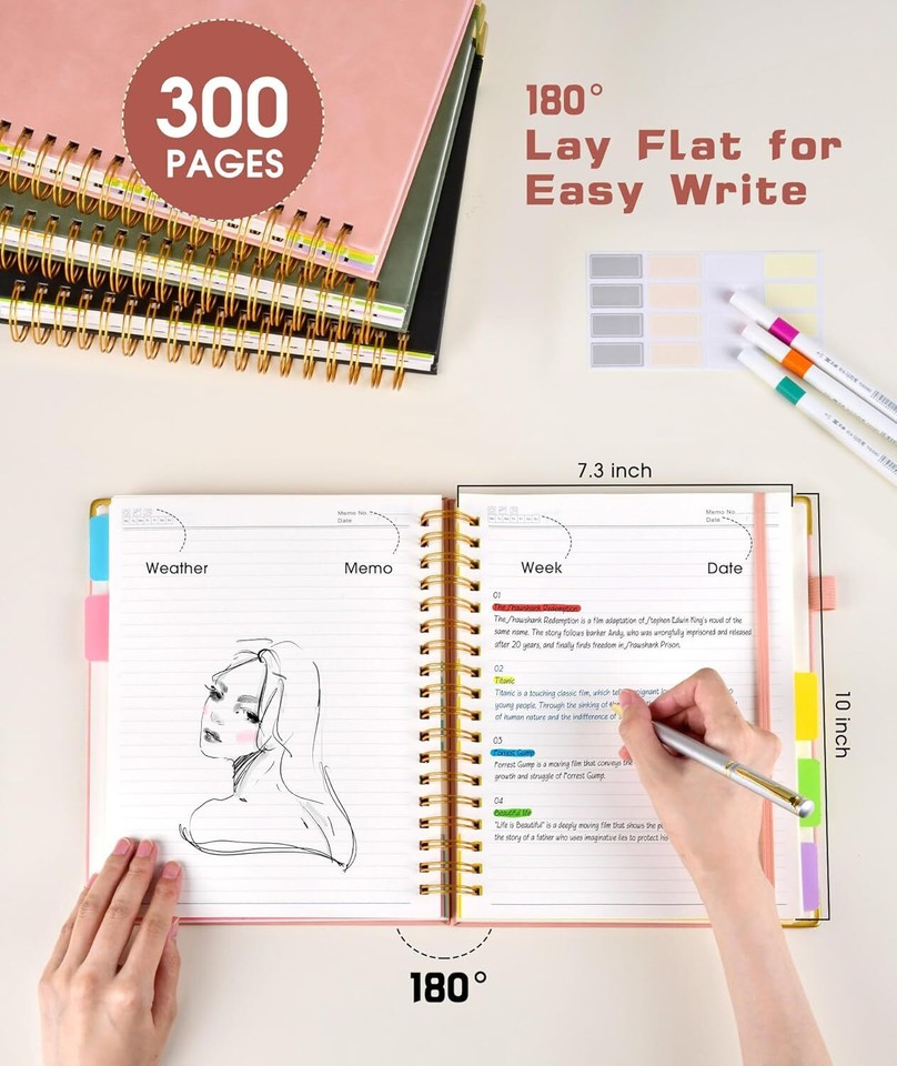 Hardcover Spiral Notebook Journal with Removable Dividers Tabs, 300 ...