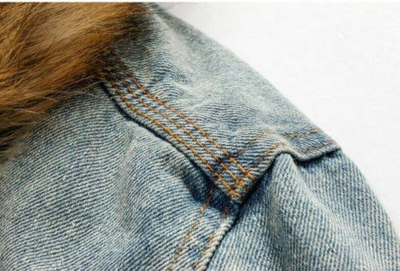 Mens Winter Warm Fur Collar Denim Jacket Fleece Thick Padded Coat