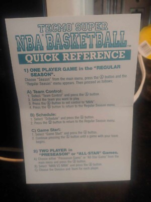 TECMO Super NBA Basketball Super Nintendo SNES Game Quick Reference ...
