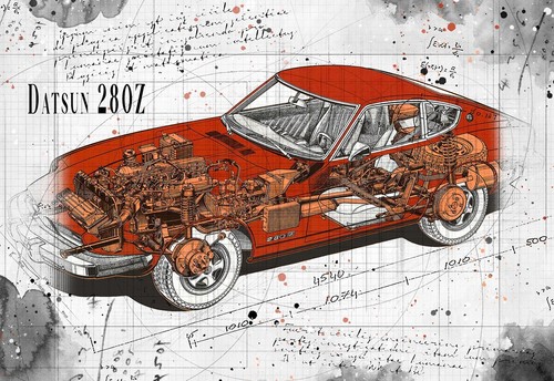Line Tech Drawing Datsun 280Z Auto Car Classic Cutaway Art Poster Print ...