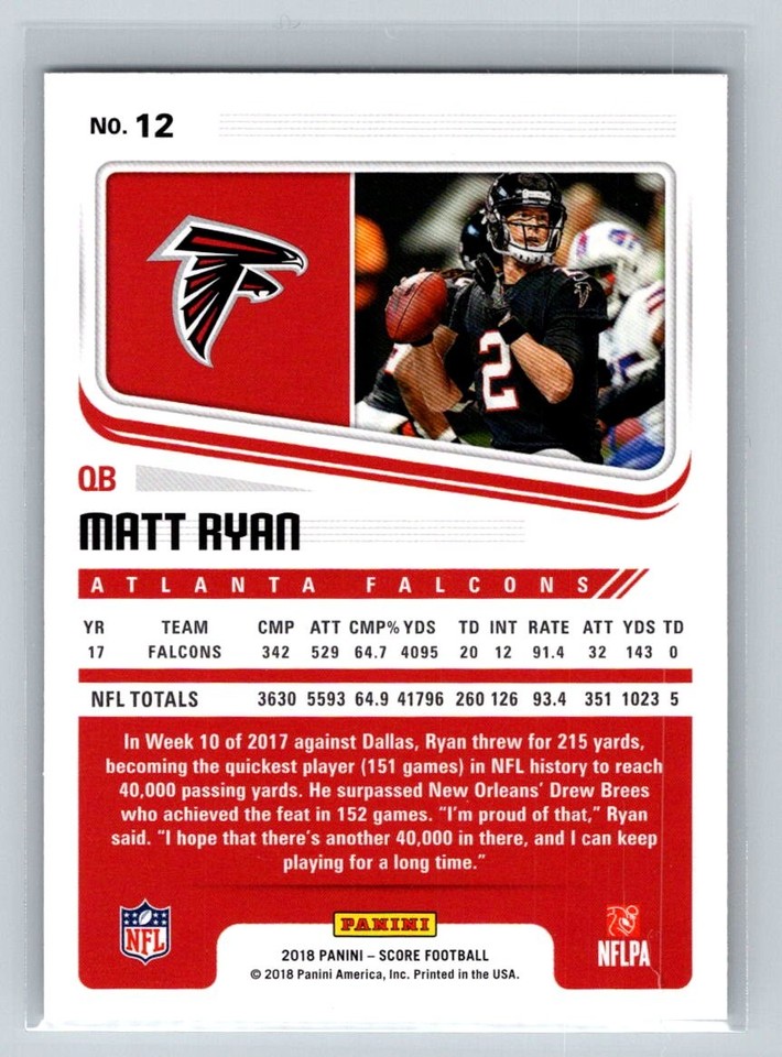 2018 Score #12 Matt Ryan Atlanta Falcons Football Card | eBay