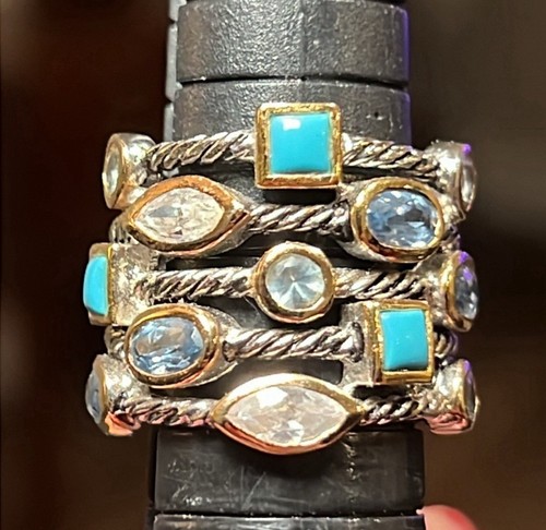 18k gold accent sterling silver turquoise 5 row cable ring | eBay