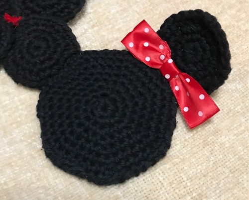 Minnie Mickey Mouse themed crocheted yarn coasters set of black red ...