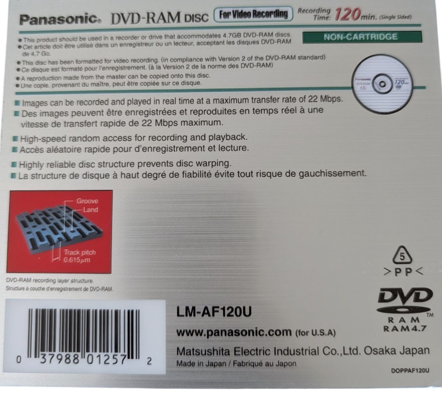 Panasonic DVD-RAM Disc Single-Side 120 Min 4.7GB Non-Cartridge Sealed ...