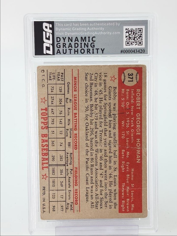 BOB HOFMAN 1952 TOPPS BASEBALL GIANTS #371 DGA 1 Q3686 | eBay