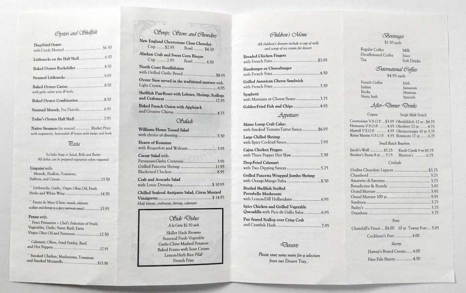 1980's Vintage Take-Out Menu MILL RIVER TAVERN Williams House ...