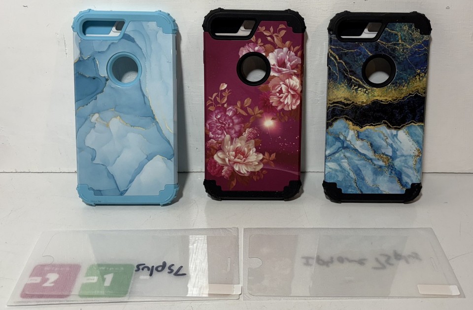 Lot 3 Rugged Hybrid iPhone 7 Plus cases Hard Blue Flowers Red Marble ...