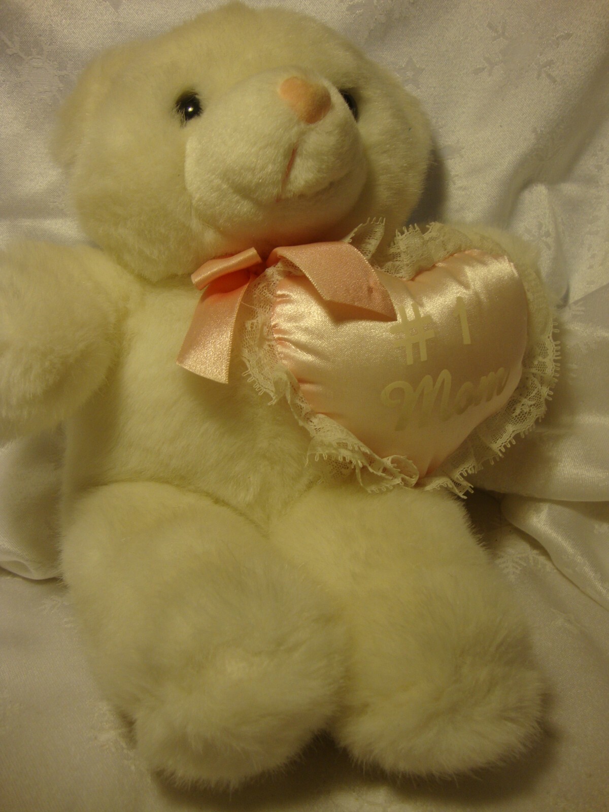 Collectible Plush #1 MOM TEDDY BEAR White w/Pink Heart Pillow & Ribbon ...