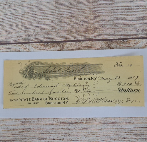 Antique Cancelled Check 1927 State Bank of Brocton School Fund Edmund ...
