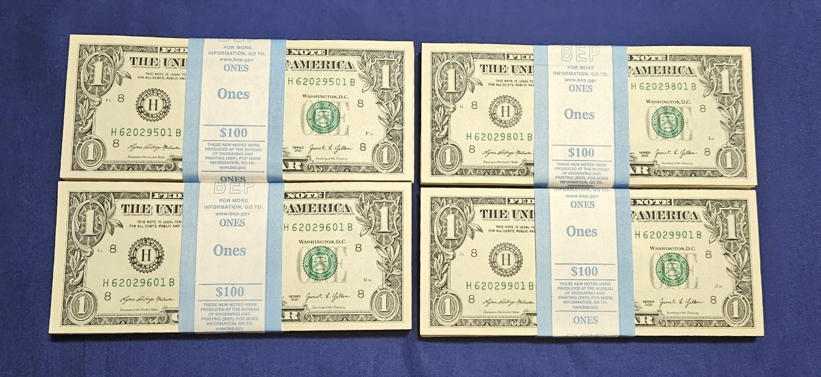 100 consecutive 2021 B run H district one dollar bills BEP strap ...