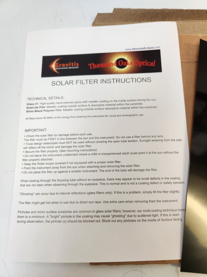 8"X8" Solar Filter Sheet for Telescopes, Binoculars and Cameras | eBay