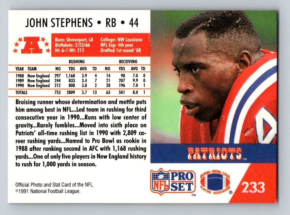 1991 Pro Set John Stephens #233 New England Patriots | eBay