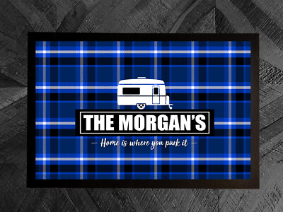 Personalised Caravan door mat - Camping - Blue Tartan label mat 60 x 40 ...