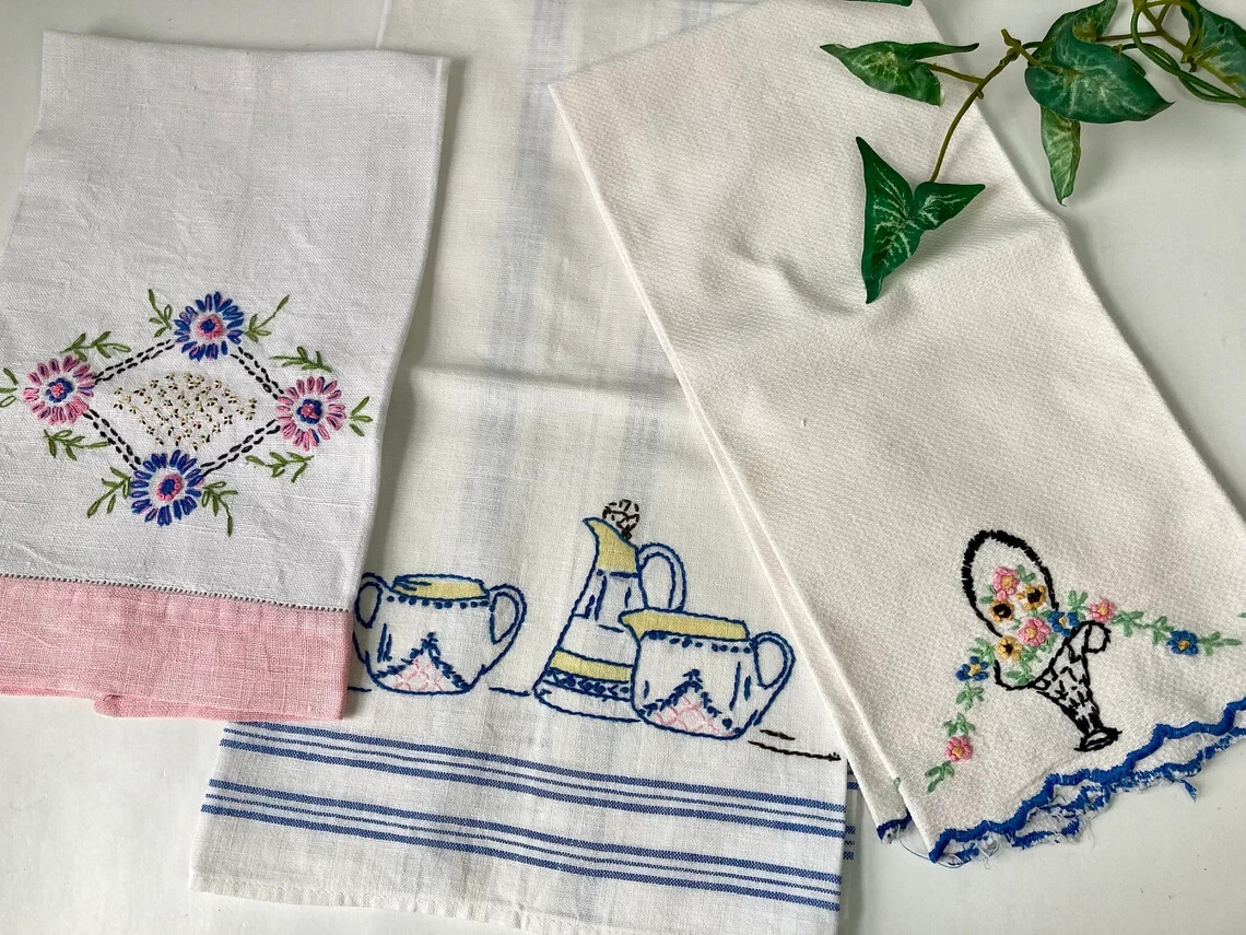 Choice 1 VTG Embroidered Hand Towel Kitchen Huck Ticking Stripe Oil ...