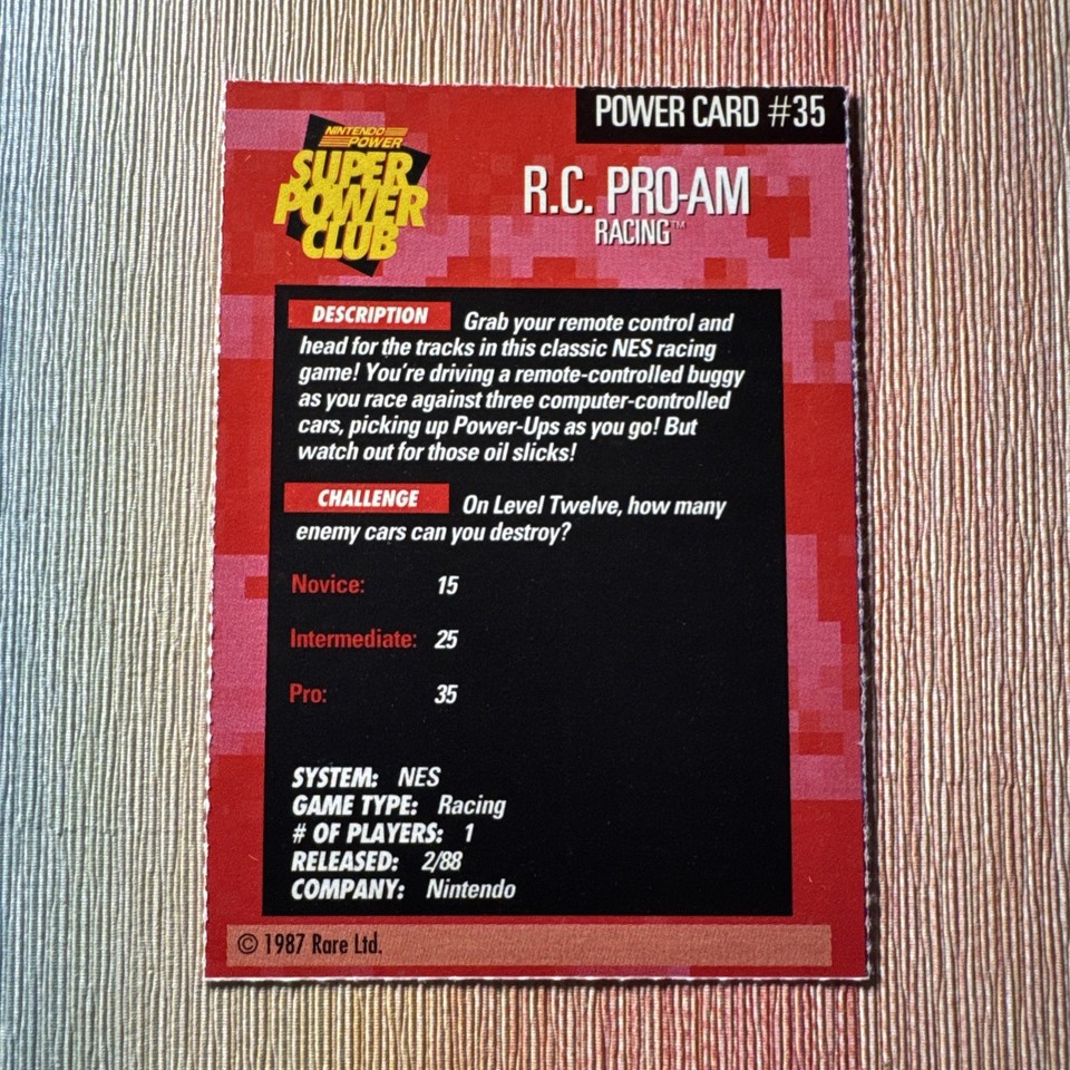 Nintendo Power ~ 1989 Super Power Club Trading Card #35 R.C. RC PRO-AM ...