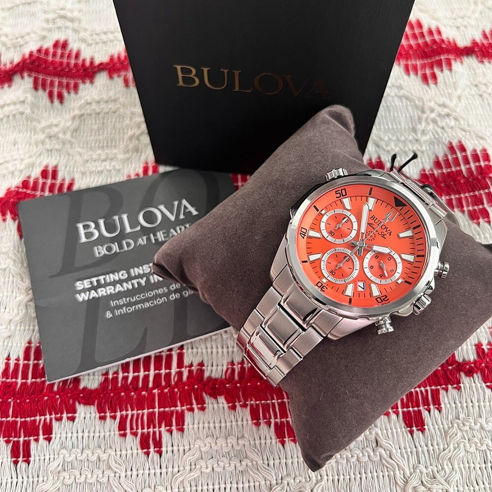 New Classic Bulova Marine Star 96B395 Orange Dial 43mm Chrono Quartz ...