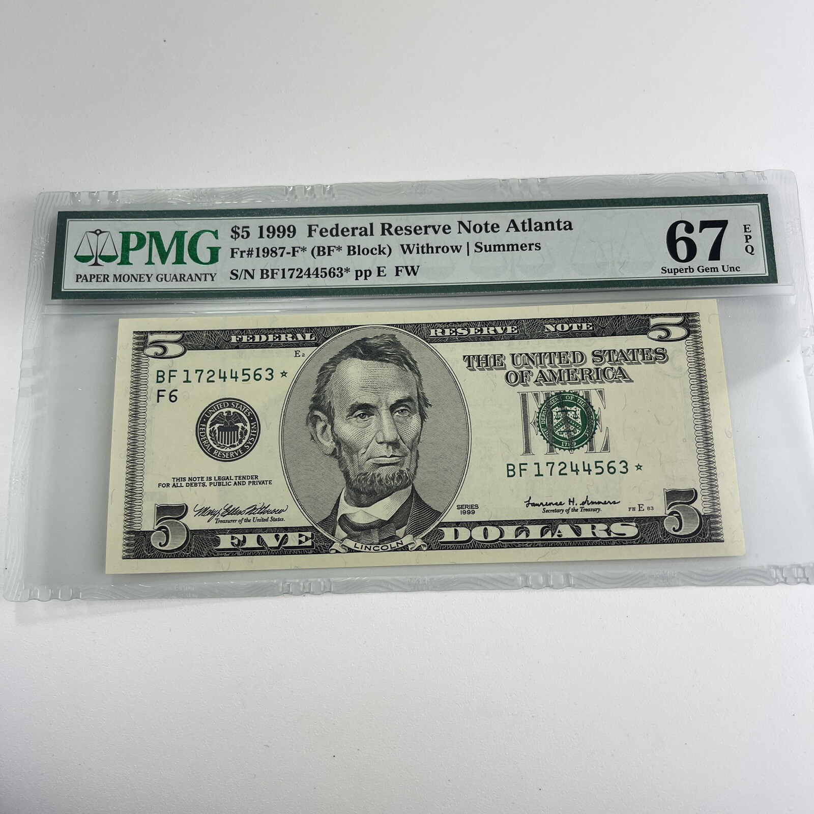 $5 1999 GEM STAR Federal Reserve Note five dollar, Atlanta F6 PMG 67 ...