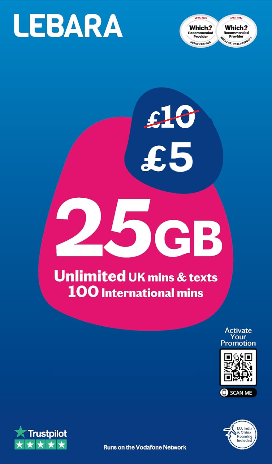 Lebara 25GB Data Pre-loaded SIM card | £5 per month for 3 months | EU Roaming | eBay UK