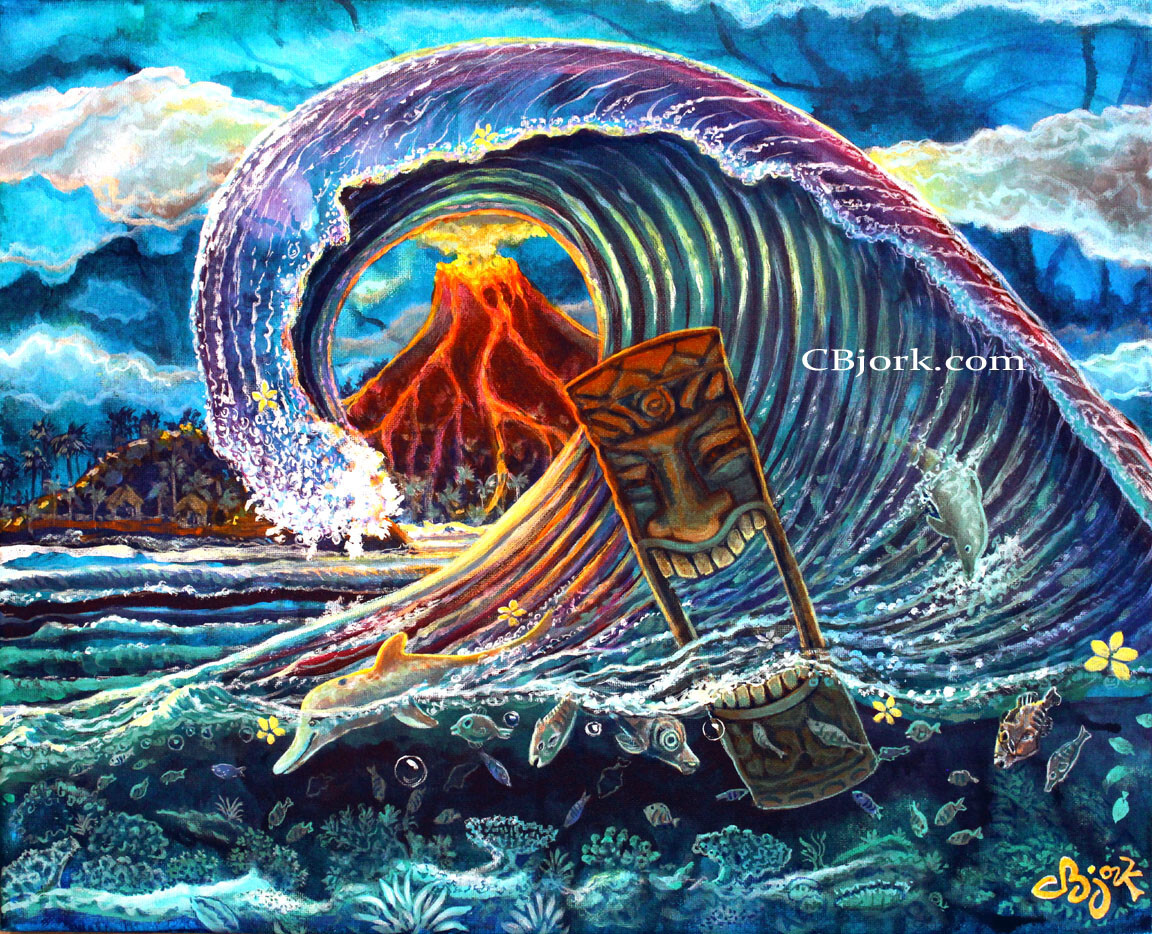 CBjork ORIGINAL PAINTING Hawaiian Tropical Island Surf Fish Tiki Wave ...