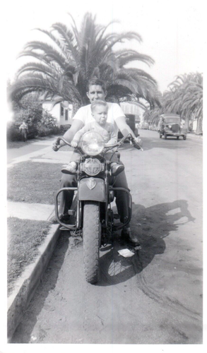 1950s Father Sitting on Harley Davidson Motorcycle With SonVintage ...