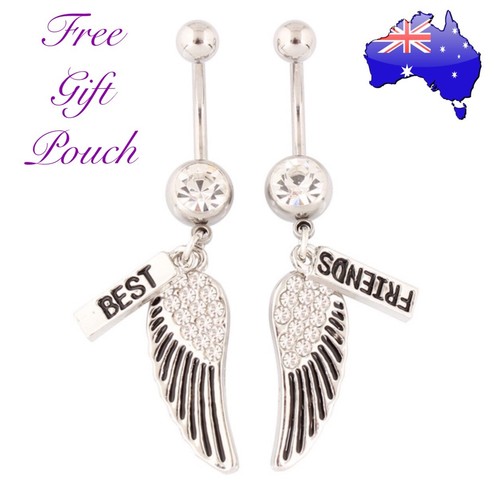 2pcs Best Friends Crystal Angel Wings Dangle Navel Belly Button Ring ...