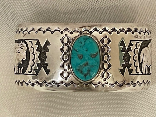 VTG Sterling, Turquoise, Buffalo wide cuff bracelet Navajo artisan ...