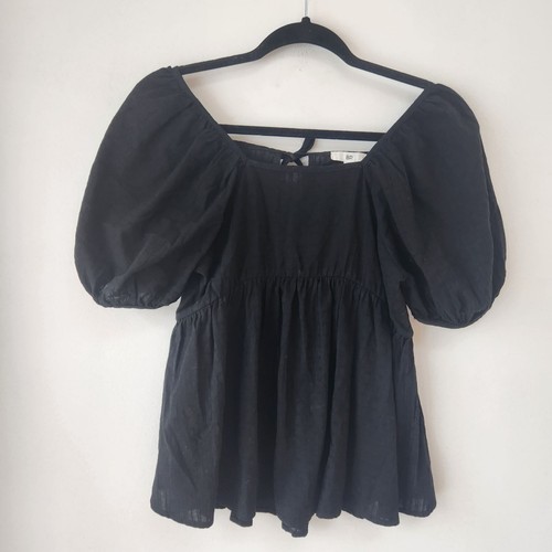 BP. 100% Cotton Square Neck Puff Sleeve Black Short Sleeve Blouse Top ...